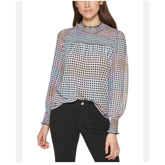 Calvin Klein | Tops | Calvinklein Check Print Mock Neck Blouse Lg ...